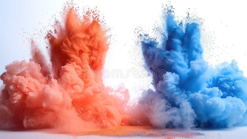 Vibrant Orange and Blue Color Powder Explosion on White Background ...