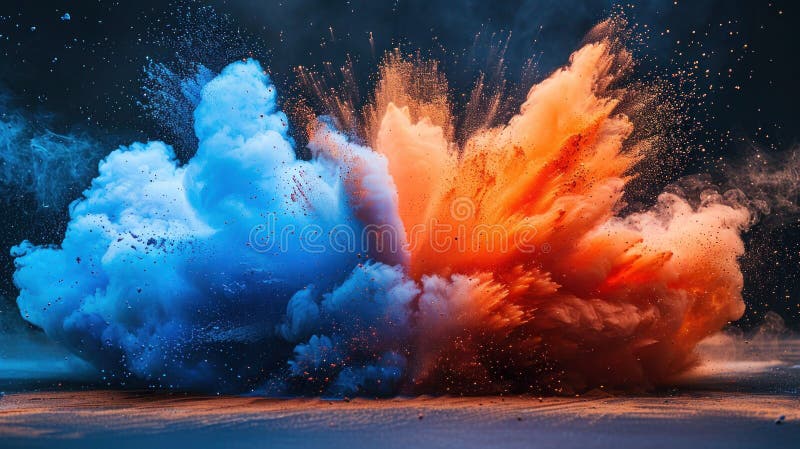 Vibrant Orange and Blue Color Powder Explosion on White Background ...