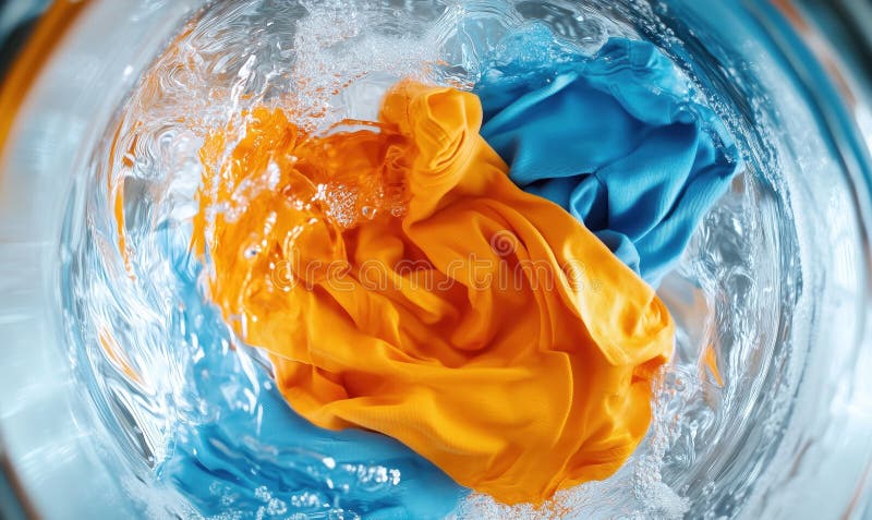 Vibrant Orange Blue Fabrics Swirling Washing Machine Laundry Cycle ...