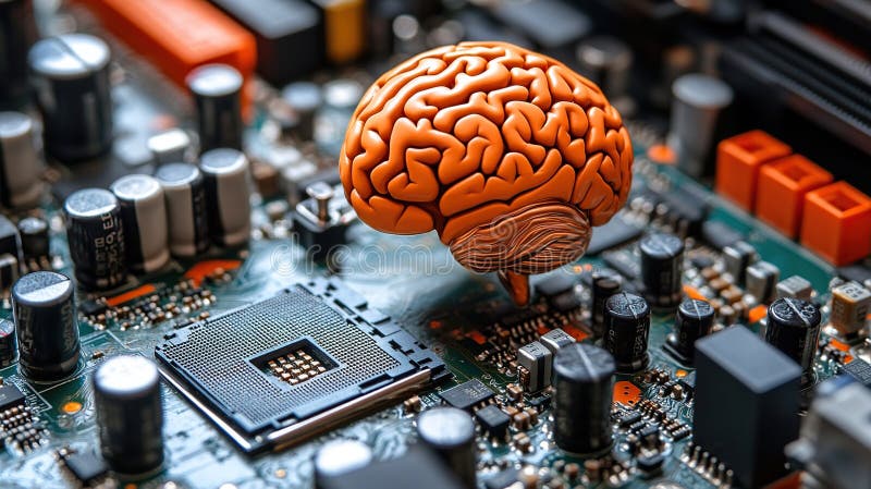 A Vibrant Orange Brain Model Placed on a Computer Motherboard ...