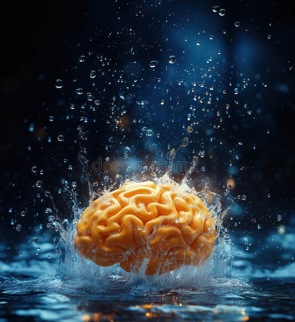 Vibrant Orange Brain Splashing in Water with Droplets Creating Dynamic ...