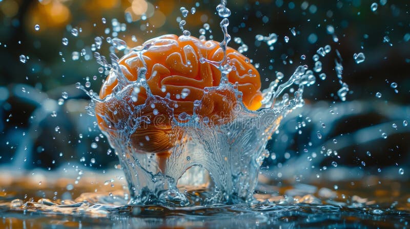 Vibrant Orange Brain Splashing in Water with Dynamic Droplets and Bokeh ...