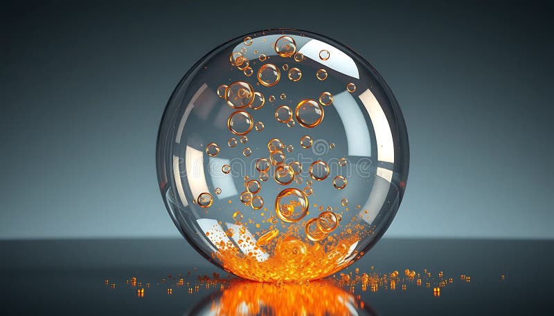 Vibrant Orange Bubbles Encased in a Transparent Sphere on Reflective ...