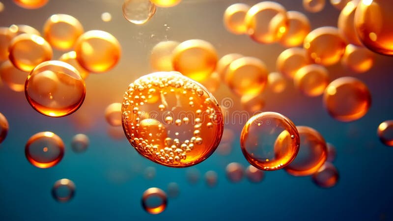 Vibrant Orange Bubbles Floating in Blue Liquid for Abstract Art and ...