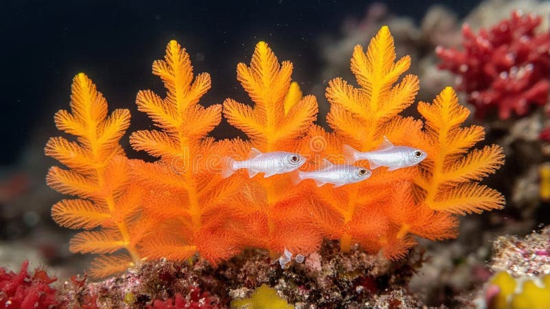 Vibrant Orange Coral and Small Fish in Underwater Reef Stock Image ...