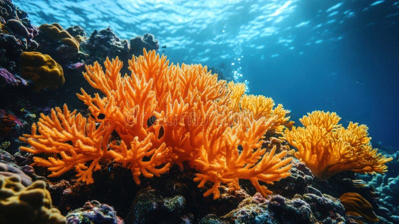 Vibrant Orange Corals in a Blue Ocean Underwater Stock Photo - Image of ...