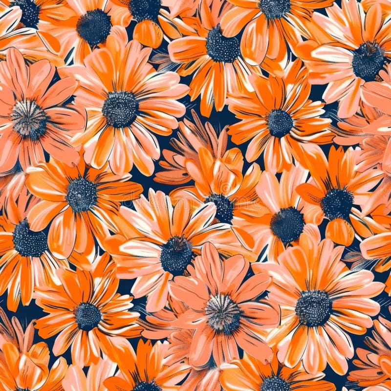 Vibrant Orange Daisy Pattern on Deep Blue Background Stock Image ...
