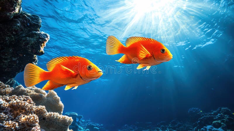 Vibrant Orange Fish Swimming in Clear Underwater Scene, Illuminated by ...