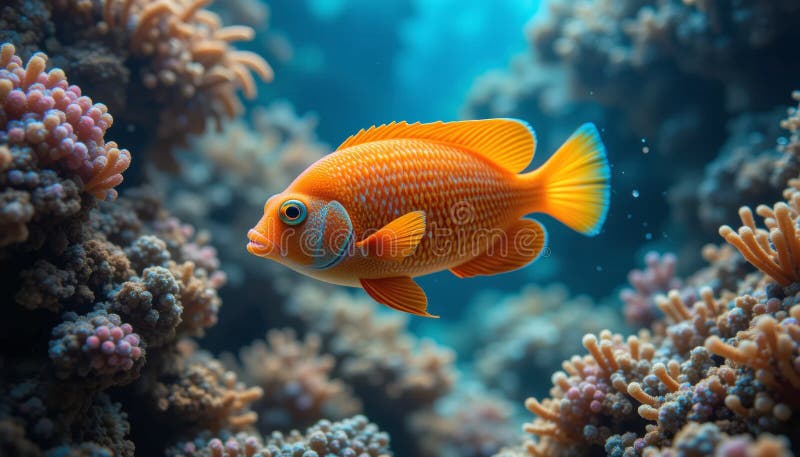 Vibrant Orange Fish Swimming among Coral Reefs Underwater Stock Photo ...