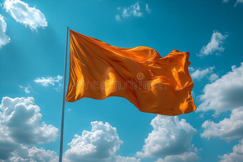 Vibrant Orange Flag Waving Against Blue Sky with White Clouds Stock ...