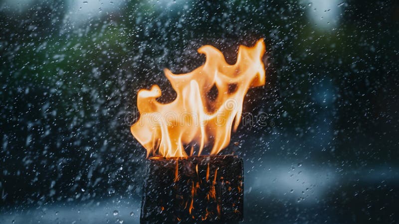 Bright Orange Flame in Heavy Rain Creating Dramatic Contrast Stock ...