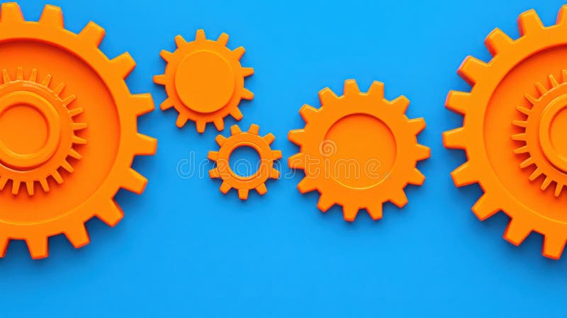 Vibrant Orange Gears on Bright Blue Background Symbolizing Innovation ...