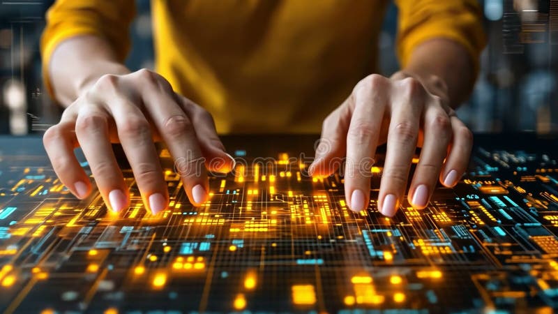 Vibrant Orange Hands Interacting with Digital Technology Interface ...