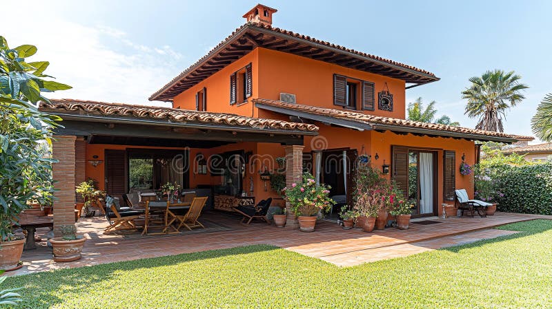 Vibrant Orange House with Covered Patio Stock Illustration ...