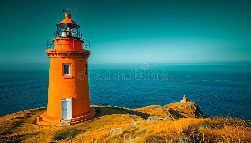 Vibrant Orange Lighthouse on Cliff Against Ocean Backdrop, Symbolizing ...
