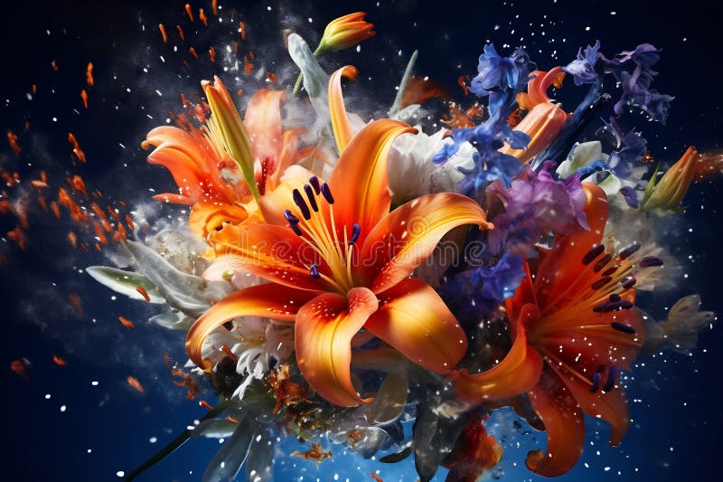 Vibrant Orange Lily Bouquet Exploding in a Blue Background Stock Image ...