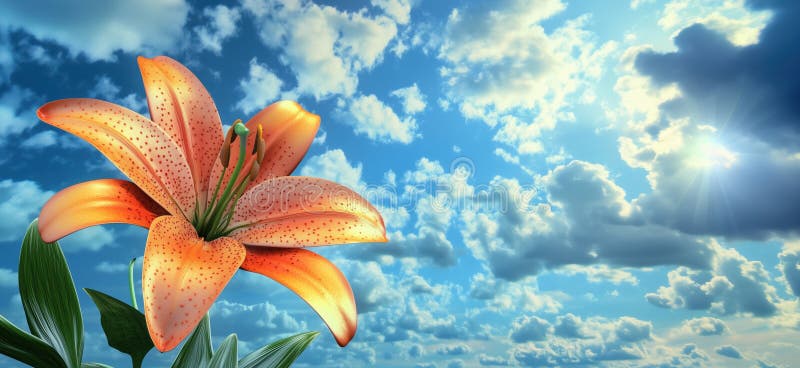 Vibrant Orange Lily Flower Against a Bright Blue Sky with Fluffy Clouds ...