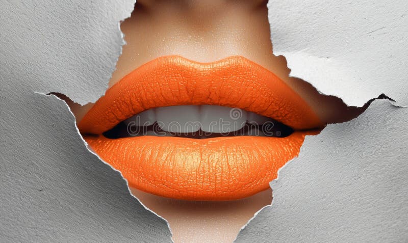 Vibrant Orange Lips Breaking through Textured White Surface for ...