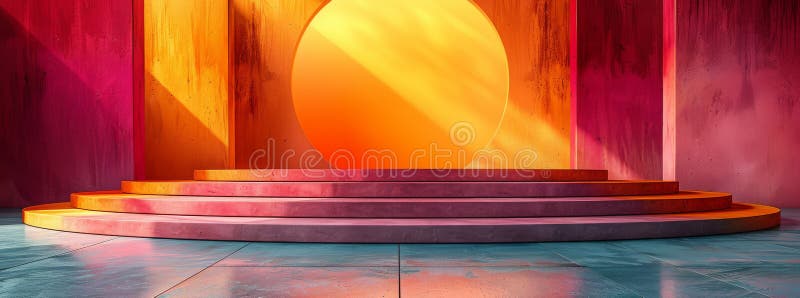 Vibrant Orange Minimalist Stage Design with Spherical Backdrop and ...