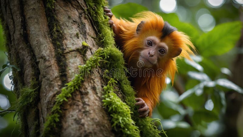 A Vibrant Orange Monkey Peeks from a Moss-covered Tree in a Lush Green ...