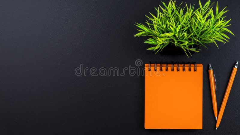 Vibrant Orange Notebook and Pens beside Green Plant on Black Surface ...