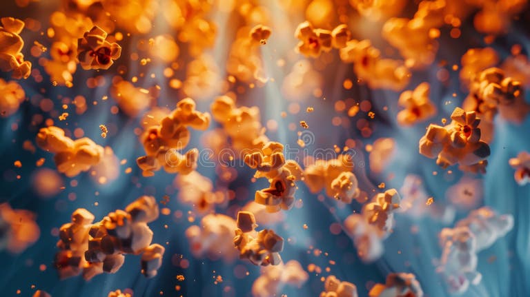Vibrant Orange Popcorn Explosion Against a Blue Background Stock Photo ...