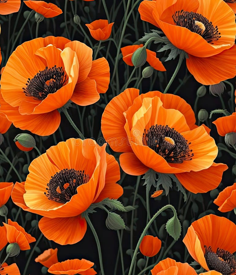 Vibrant Orange Poppy Flowers on a Black Background, Seamless Pattern ...