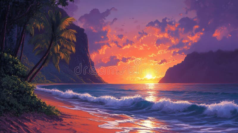 Vibrant Orange and Purple Tropical Sunset Over Ocean Beach Stock ...