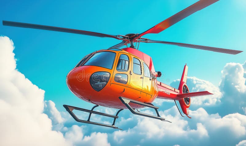 Vibrant Orange and Red Helicopter Flying through a Clear Blue Sky with ...