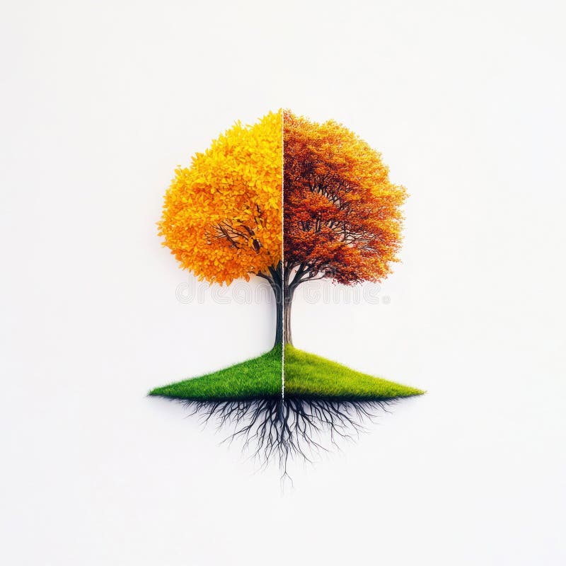 Vibrant Orange and Red Tree with Visible Roots on Floating Island Stock ...