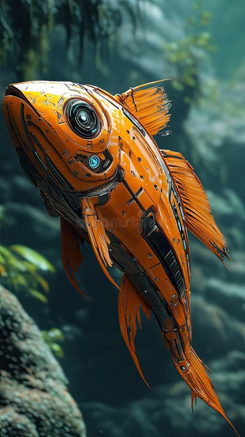 A Vibrant Orange Robotic Fish Swimming Gracefully Underwater Stock ...