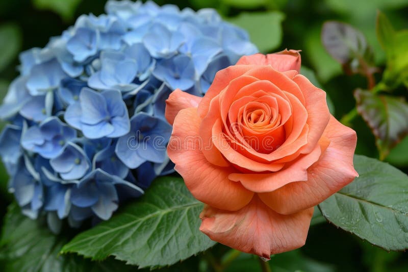 Vibrant Orange Rose and Blue Hydrangea Bloom, a Study in Contrasting ...