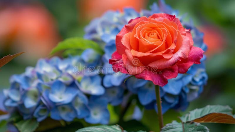 Vibrant Orange Rose and Blue Hydrangea a Study in Complementary Colors ...