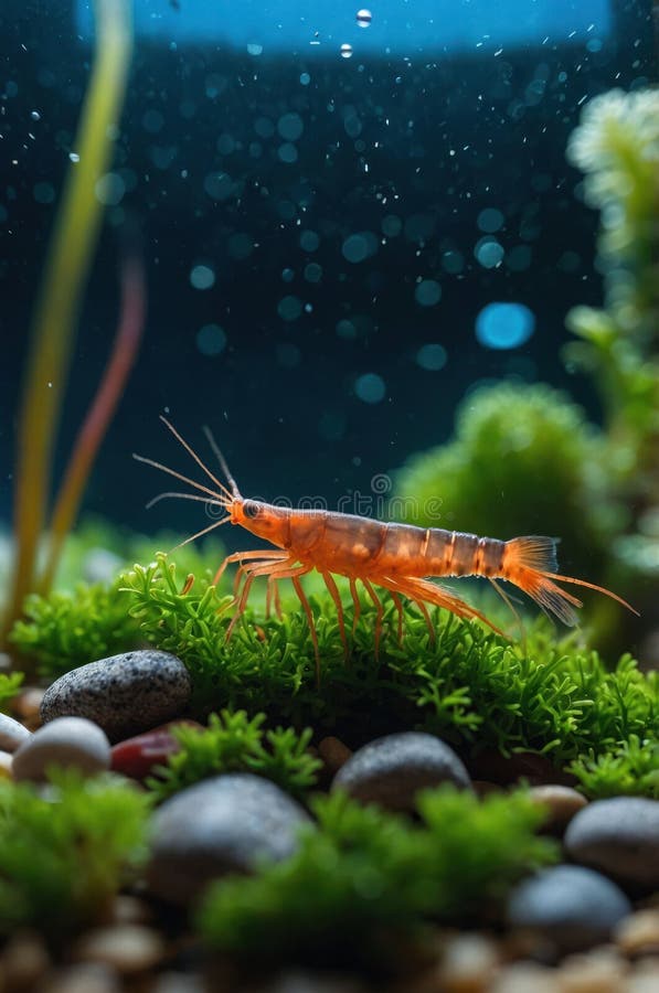 Orange Shrimp on Green Moss in Aquarium Stock Illustration ...