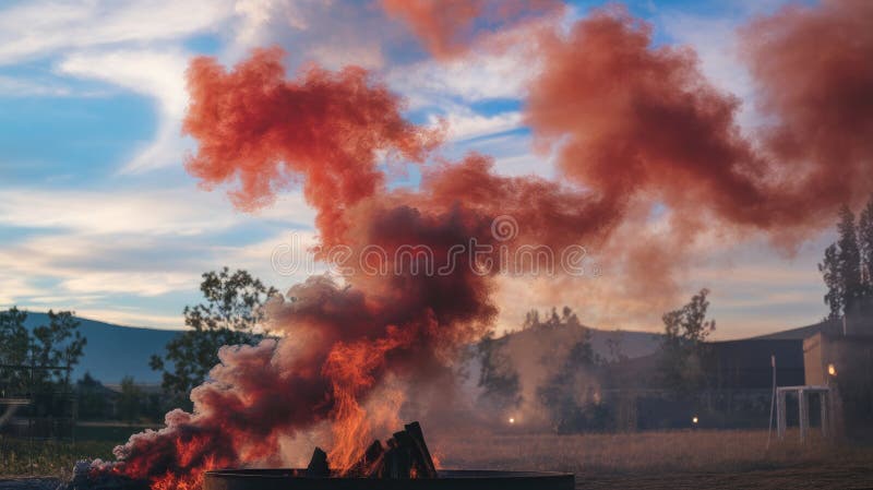 Vibrant Orange Smoke Billows Against a Dusky Sky, Creating a Dramatic ...