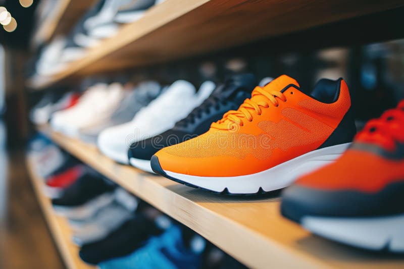 Vibrant Orange Sneakers on Display Shelf in Modern Shoe Store Stock ...