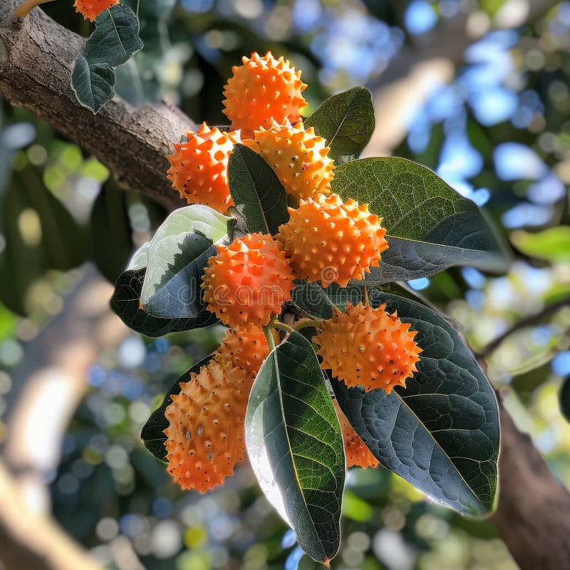 Vibrant Orange Spiked Fruit on Tree Branch Stock Illustration ...