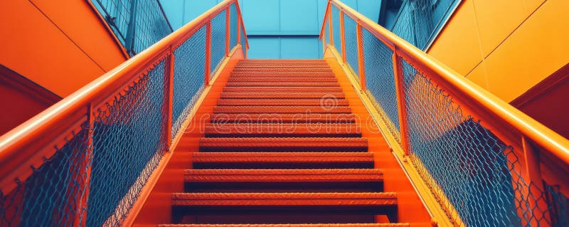 Vibrant Orange Steel Staircase with Mesh Railing in an Industrial ... Vibrant Orange Steel Staircase with Mesh Railing in an Industrial ...