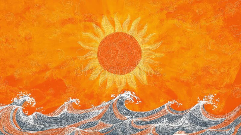 Vibrant Orange Sun and Wave Doodle Art a Cheerful and Energetic ...