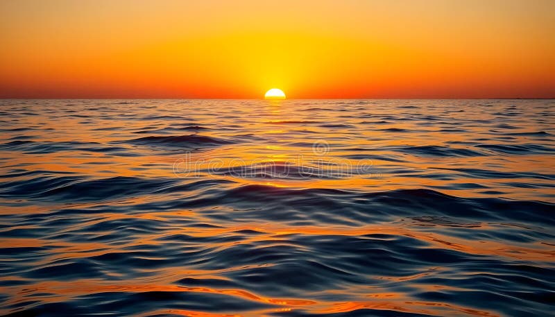 A Vibrant Orange Sunset Casts Its Glow on the Ocean Surface Stock ...