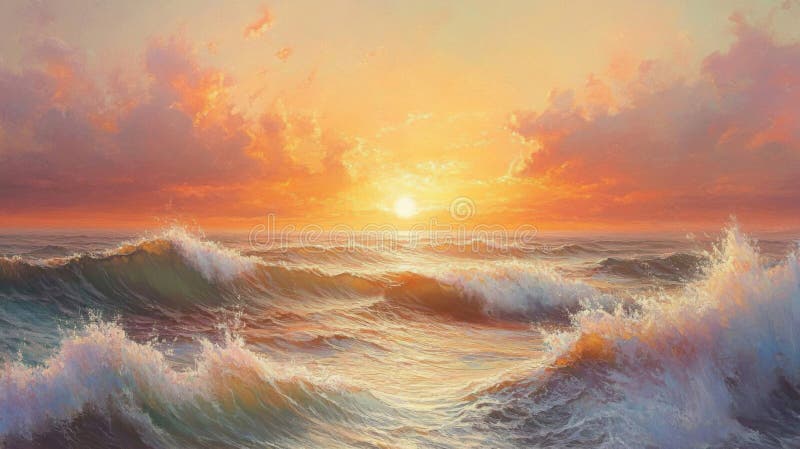 Vibrant Orange Sunset Over Ocean Waves Stock Illustration ...