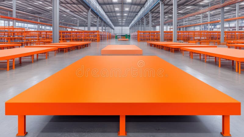 Vibrant Orange Tables in a Spacious Warehouse Setting, Storage and ...