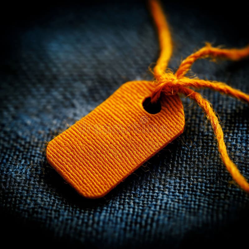 Vibrant Orange Tag Suspended by Yellow Twine Against a Dark Background ...