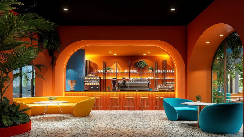 Vibrant Orange and Teal Coffee Shop Interior Design Stock Illustration ...