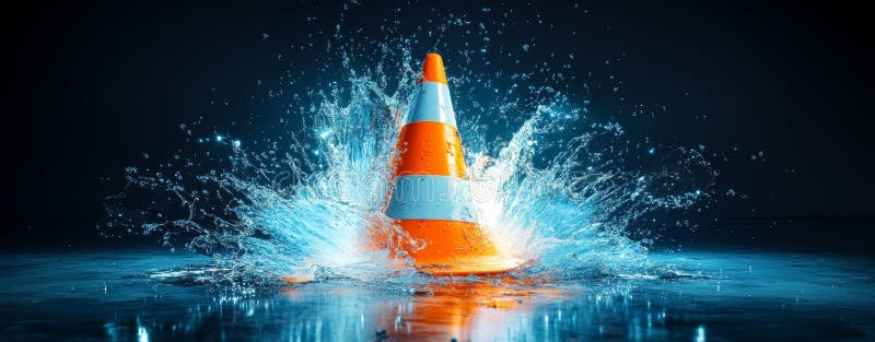 A Vibrant Orange Traffic Cone Creates a Splash in a Puddle of Water ...