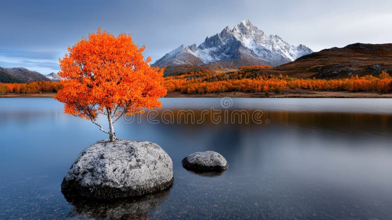 A Vibrant Orange Tree beside a Calm Lake with Majestic Mountains in the ...