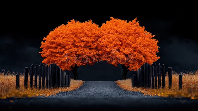 Vibrant Orange Trees Framing a Dark Pathway Creating a Stunning ...