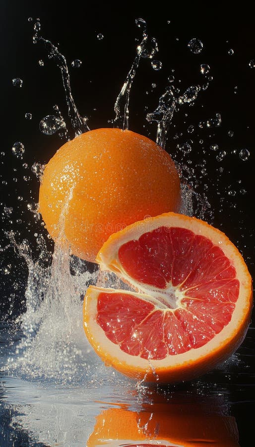 Vibrant Oranges with Water Droplets, One Half Split Open Revealing a ...