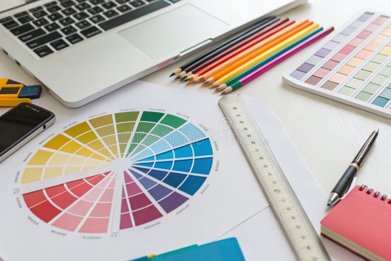 A Vibrant and Organized Workspace Featuring Color Swatches and Design ...