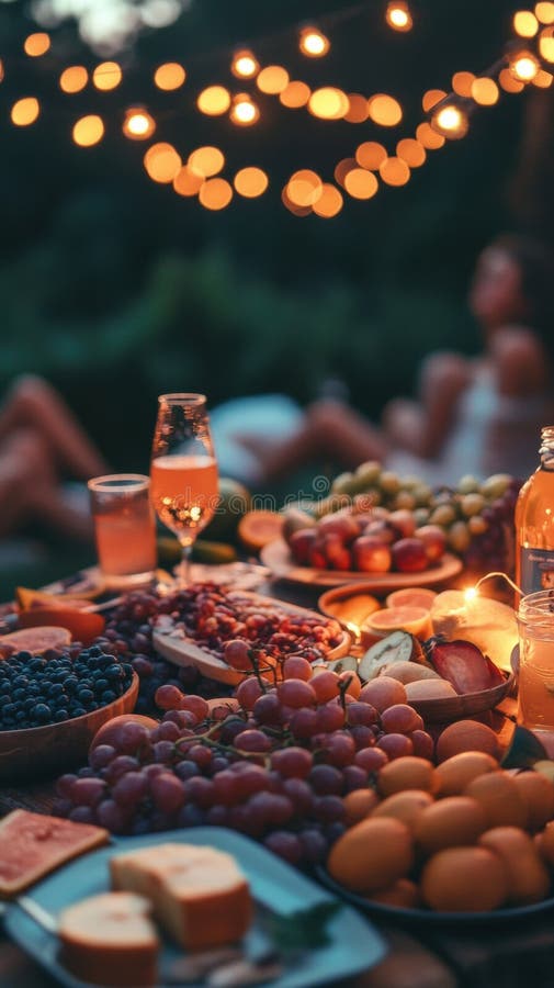 A Vibrant Outdoor Feast with Fruits and Drinks Under Warm String Lights ...
